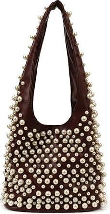 Generic Sac &agrave; main en cuir synth&eacute;tique avec rivets pour femme et fille, sac fourre-tout &agrave; perles pour voyage, shopping, travail, usage quotidien, rouge vin, 8