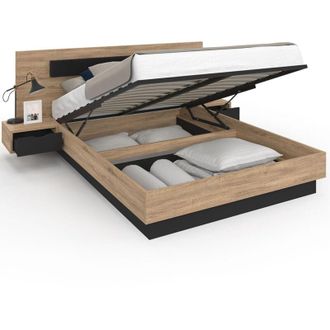 IDMarket Idmarket - Lit coffre SANTA 140x190cm - Sommier relevable 24 lattes - Coffre de rangement int&eacute;gr&eacute; - Tables de nuit avec tiroirs bois noir