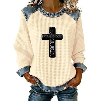 Generic Chandails chr&eacute;tiens pour femmes vintage en tricot gaufr&eacute; denim patchwork sweatshirt religieux foi croix imprim&eacute; chemises graphiques coutures printemps