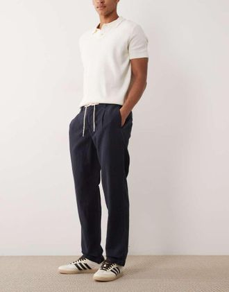 Mango Gerade geschnittene Leinenmix-Hose in Marineblau mit Tunnelzug-Navy