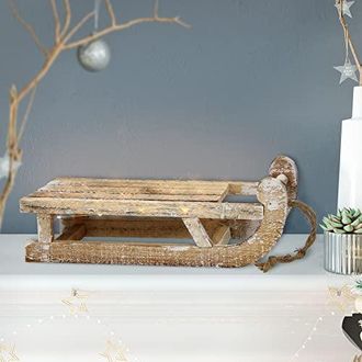 ECD Germany Tra&icirc;neau de D&eacute;coration en Bois avec 25 LEDs, Blanc Chaud, 31,5x14,5x10,5 cm, Marron-Naturel, Fonctionne avec Piles, Minuterie 6 Heures, Cordon, D&eacute;cora