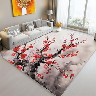 Generic Multicolore Lavable en Machine Tapis Salon Fleurs de Prunier Chinois sur des Branches, 120 x 180 cm Doux Tapis de Sol Pelucheux Dessous Antid&eacute;rapant, 