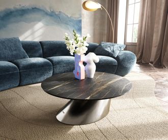 DELIFE Couchtisch Edge Rund 90x90 cm Keramik Laminam Noir Desir Braun Conis Edelstahl geb&uuml;rstet, Couchtische