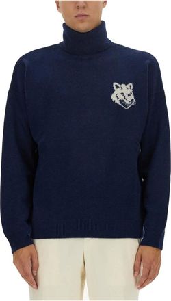 Maison Kitsun&eacute; Homme, Pulls, Bleu, Taille: XL Pull Confort Col Montant Intarsia T&ecirc;te de Renard