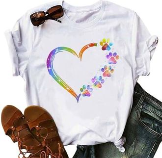 Keephen Patte de Chien Amour Coeur T-Shirt Femmes Mignon Patte de Chien Impression 3D Manches Courtes Tee Shirt &Eacute;t&eacute; Grande Taille Col Rond Pullover Tops