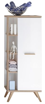 PELIPAL Badezimmerschrank Quickset 923 in Wei&szlig; Glanz/Riviera Eiche quer Nachbildung, 50,5 cm breit | Halbhoher Midischrank mit 1 T&uuml;r, seitlichen Ablagef&auml;chern