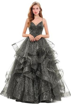 Generic Robe de bal en tulle paillet&eacute; avec col en V et bretelles spaghetti, robe de demoiselle dhonneur, robe de soir&eacute;e formelle longue &agrave; &eacute;tages, gris, 54 Gra