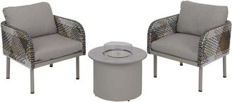 Hhg Poly-Rattan Garnitur HHG-340, Lounge-Set Garten Stuhl, Tischkamin Bioethanol-Fire-Pit Alu Stoff 220g/m&sup2; creme-beige