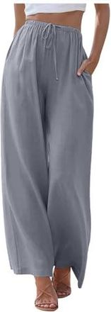 Generic Pantalon palazzo taille haute en lin pour femme, pantalon dété décontracté avec cordon de serrage et poches, gris, XXL