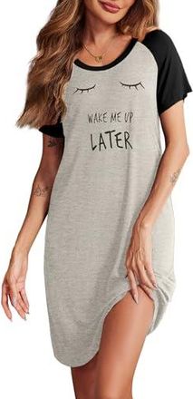 Ekouaer Chemise de Nuit Femme Manche Courte Robe de Nuit &agrave; Manches Courtes Col Rond Mignon Imprim&eacute; Nuisette Noir Gris XL