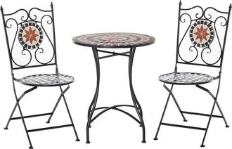 OUTSUNNY Ensemble bistro 2 places 3 pi&egrave;ces style fer forg&eacute; mosa&iuml;que c&eacute;ramique motif rose des vents chaises pliables m&eacute;tal &eacute;poxy noir