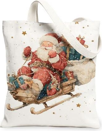 Generic Sacs fourre-tout en toile motif P&egrave;re No&euml;l, sacs d&eacute;picerie r&eacute;utilisables, festifs, vintage, l&eacute;gers et lavables, Blanc, 13x15 Inch