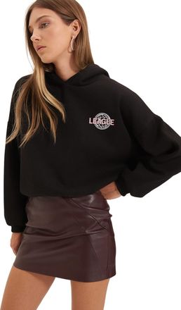 Trendyol Damen Kapuze mit Spruch Oversize Sweatshirt, Schwarz, XS