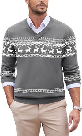 Coofandy Pull de Noël Homme Col V Pull Tricot Classique Pullover Hiver Pulls en Maille Casual Regular Fit Sweater à Manches Longues Renne de Noël - Gris foncé 