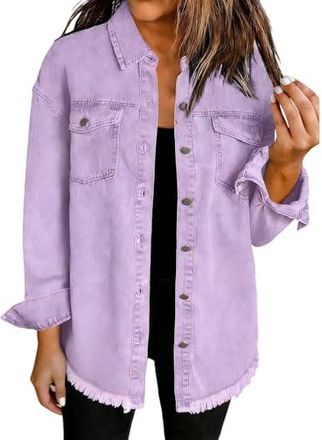 Generic Veste d&eacute;contract&eacute;e en jean &agrave; manches longues pour femme avec ourlet effiloch&eacute;, violet, XXL