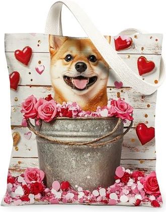 Generic Shiba Inu Sac fourre-tout en toile pour le shopping Motif chien 33 x 38 cm Rose en bois r&eacute;utilisable pour femme, peinture danimaux domestiques, d&eacute;cora