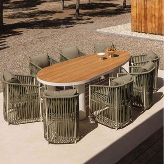 Sklum Ovales Tischset Taneli, 260 x 110 cm, aus Aluminium und Teakholz, und 8 Gartenst&uuml;hle Sophie, aus Aluminium und geflochtenem Seil Milit&auml;rgr&uuml;n - Sklum