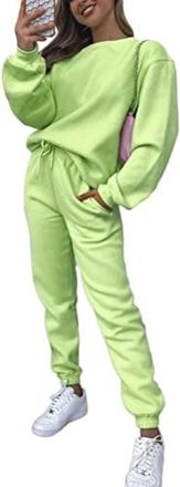 Onsoyours Survêtement Femme Ensemble de Sport 2 Pièce Sweatshirt + Pantalon avec Poches Casual Pyjama dintérieur Tenue pour Jogging Yoga Sportswear A Vert Fluor
