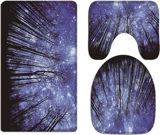 A.Monamour Badezimmer Badematte 3 Teilig Set Blaue Nachthimmel Gl&auml;nzende Sterne B&auml;ume Wald Silhouette Flanell WC Toilette Deckel Deckt Bad Matte Teppich Badteppi