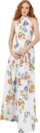 Anaya with Love Womens Maxi Dress Ladies Sleeveless Halter Neck Waist Bow Tie Sash Belt Shirred Bridesmaid Wedding Guest Prom Ball Gown, Elfenbeinfarbenes Blumenmuste