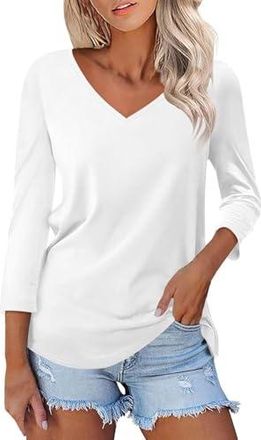 Generic Haut &agrave; manches longues et col en V pour femme - Coupe ample - Col rond - Tendance et polyvalent - Couleur unie - Haut basique - Coupe ample - Pull &agrave; u