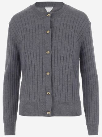 Bottega Veneta Womens Ribbed Wool Cardigan Grey Sweater