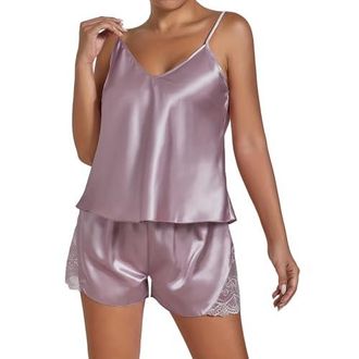 Generic Pyjama Femme Sexy Pantalon Peignoir Grande Taille Ensembles De Pyjama &agrave; Volants en Satin De Soie Sexy pour Femmes Ensembles Shorts Ensemble Nuit Femme