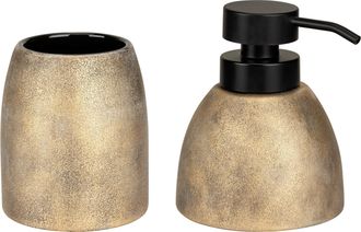 WENKO Seifenspender Mod. Tremea edles Bad-Accessoire Set 2tlg Zahnputzbecher freistehend aus Keramik 0,3l Bronze Schwarz Kunststoff 12x13,5 cm