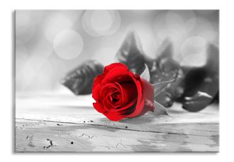 Pixxprint Glasbild, Wandbild aus Echtglas, Rose auf Holztisch, 100x70 cm, inkl. Aufh&auml;ngung und Abstandshalter