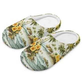 Coloranimal Pantoufles de spa pour femme - Pour chambre dh&ocirc;tes, maison - Bout ferm&eacute; - R&eacute;utilisable - Sandales dh&ocirc;tel, Palmier hibiscus, 38.5/39.5 EU