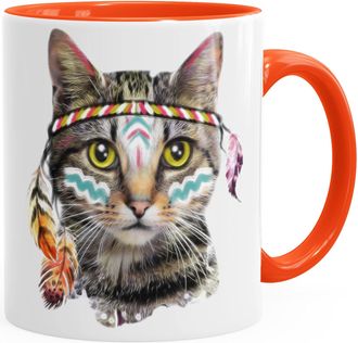 Autiga Tasse Katze mit Federn Kaffeetasse mit farbigem Henkel und Innenfarbe orange Unisize