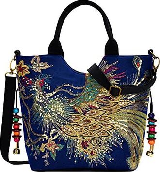 Generic Style ethnique femmes sac &agrave; bandouli&egrave;re paon broderie toile sac &agrave; bandouli&egrave;re d&eacute;contract&eacute; dames perles pendentif capacit&eacute; sacs &agrave; main (bleu)