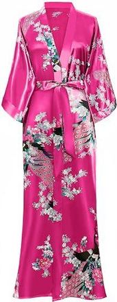 Babeyond Womens Kimono Robe Long Satin Silky Robes with Peacock and Blossoms Printed Kimono Nightgown