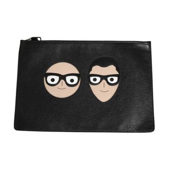 Dolce & Gabbana Pochette en cuir avec application visage - Homme - Sacs - Noir - Taille: ONE Size