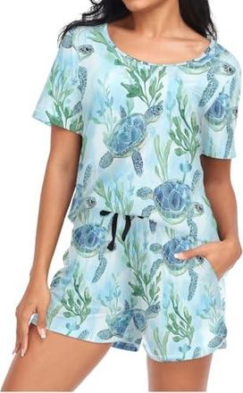 Mnsruu Ensemble de pyjama à manches courtes pour femme, motif tortues de mer, algues, bleu, G316, XXL