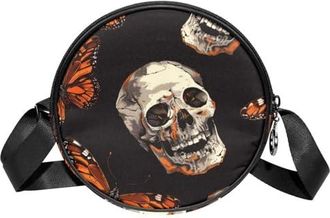 Generic Petit sac &agrave; bandouli&egrave;re rond pour femme, motif t&ecirc;te de mort, avec fermeture &eacute;clair, bretelles r&eacute;glables, style d&eacute;contract&eacute;, pour femmes et filles