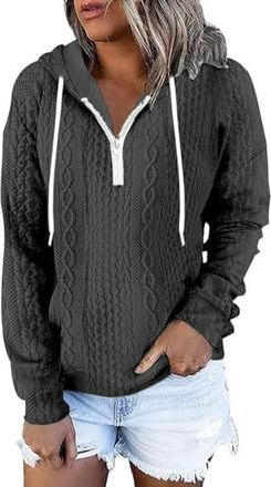 Generic Sweat à capuche gaufré pour femme - Manches longues - Fermeture éclair 1/4 quart - Jacquard décontracté - Cordon de serrage - Joli pull en tricot, GY1