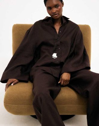 NA-KD Chemise en lin &agrave; manches larges - Marron