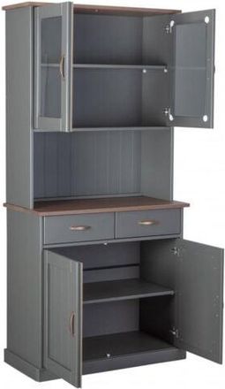 Dmora Sideboard mit 2 geschlossenen T&uuml;ren, 2 Vitrinen und 2 Schubladen, in grau lackierter massiver Kiefer mit brauner Oberseite und Oberfl&auml;chen, 90x45x191