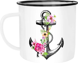 Autiga Emaille Tasse Becher Anker Blumen Anchor Flower Watercolor Kaffee-Tasse wei&szlig;-schwarz unisize