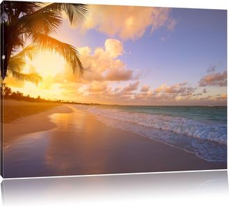 Pixxprint Strand Meer Sonnenuntergang Steine Sand, Gr&ouml;&szlig;e: 120x80cm, Leinwandbild, fertig gespannt, Wandbild, Dekoration, Kunstdruck, kein Poster