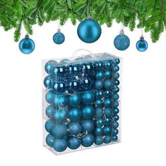 Relaxdays Weihnachtskugeln im 138er Set, Kunststoff, glitzernde, Matte, gl&auml;nzende Baumkugeln, Christbaumschmuck, Petrol