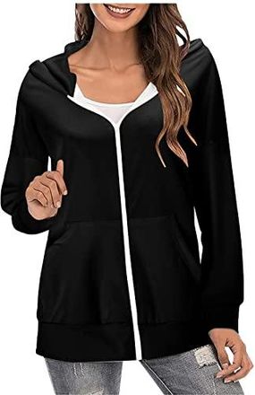 Generic Vestes pour femmes 2026 Manteaux solides Veste zipp&eacute;e &agrave; capuche Manches longues Manteau d&eacute;contract&eacute; Sweatshirt Poche, Noir, XXL