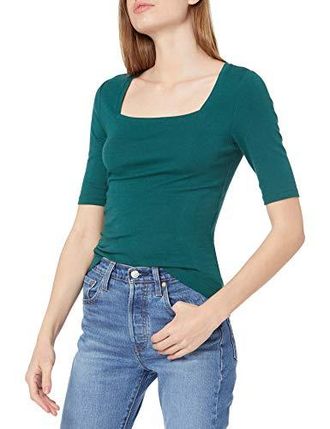 Amazon Essentials T-Shirt Ajusté à Manches Mi-Longues et Col Carré Femme, Vert Foncé, XXL