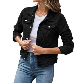 Generic Veste en jean stretch boutonn&eacute;e et ajust&eacute;e pour femme, veste courte tendance &agrave; manches longues avec poches