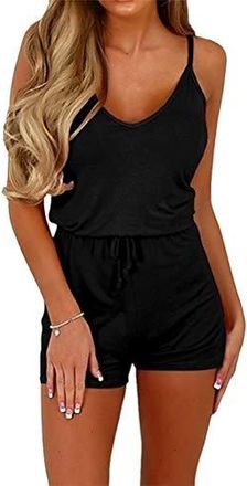 Onsoyours Combinaisons Et Combishorts Femme Couleur Unie Débardeur Bretelles Bodysuit Chic Col en V Combinaison Élégante La Mode Short Spaghetti Jumpsuit Casual