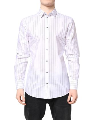 Dolce & Gabbana Mens White Stripes Cotton Gold Formal Dress Shirt