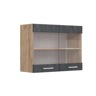 Vicco Küchenglasschrank R-Line, Glashängeschrank, Schwarz Beton/Goldkraft Eiche, 80 cm