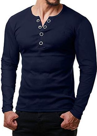 ReRock by Young & Rich T-shirt à manches longues pour homme avec boutonnière et col en V - T-shirt Henley à la coupe ajustée avec de grands boutons - T-shirt