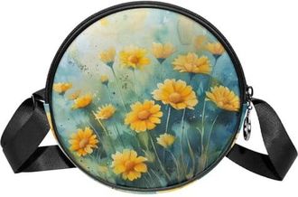 Generic Petit sac &agrave; bandouli&egrave;re rond pour femme, motif marguerites aquarelles, sac &agrave; dos avec fermeture &eacute;clair, bretelles r&eacute;glables, sac &agrave; main rond d&eacute;contrac